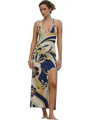 CELANDINE Sleeveless Sweater Midi Dress - Blue Pattern