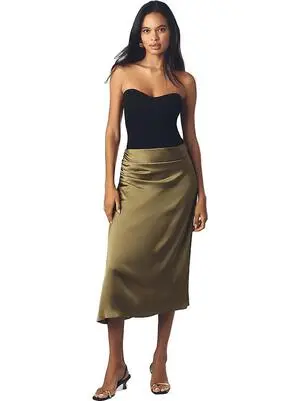 Theory Ruched Satin Midi Skirt Light Green