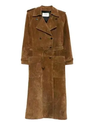 Saint Laurent Long Double-breasted Suede Coat - Brown