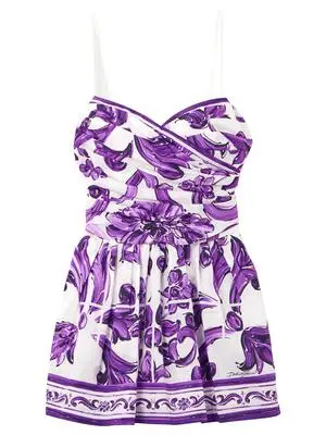 Dolce & Gabbana Gathered Printed Cotton-poplin Wrap-effect Mini Dress - Purple