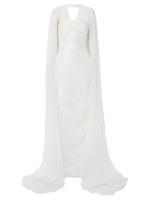 MARMAR HALIM Cape-effect Metallic Plissé-taffeta Gown - White