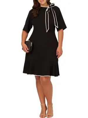 Adrianna Papell Tie Neck Crepe Dress - Black/ivory