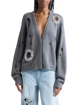 AREA Distressed Crystal Cotton & Cashmere Cardigan - Heathered Grey