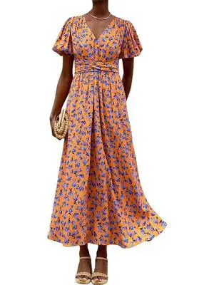 RO & ZO Floral Print Puff Sleeve Dress - Orange