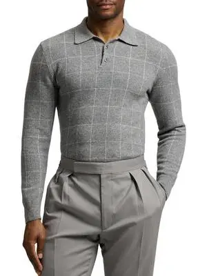 Ralph Lauren Windowpane Plaid Cashmere Polo Sweater Grey Multi