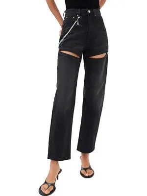 AREA Slit Jeans With Crystal Embellished Chain