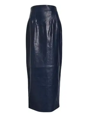 Khaite Loxley Panelled Leather Midi Skirt Navy