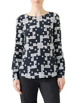 Akris Dot Print Silk Boat Neck Top - Black-cream