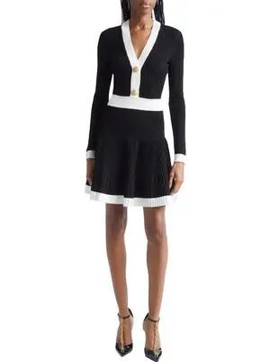 Balmain Colorblock Twisted Cable Long Sleeve Sweater Dress - Black/white