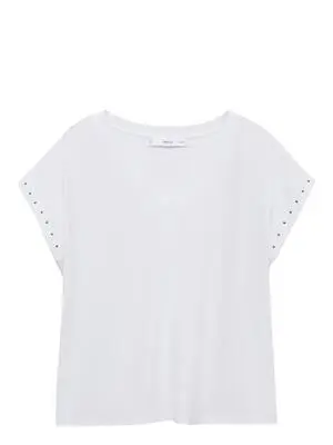 Mango Stud Accent Cotton V-neck T-shirt - White