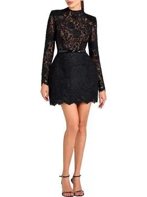 NADINE MERABI Addison Long Sleeve Lace Overlay Cocktail Minidress - Black