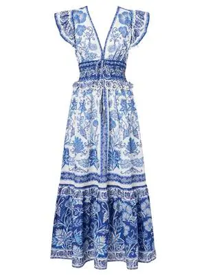 Farm Rio Floral Tiered Cotton Maxi Dress - Blue