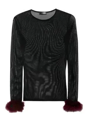 MUGLER Mesh-panel Feather-cuff Top - Black
