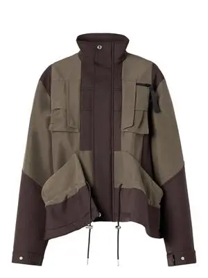 Sacai Draped Paneled Scuba And Cotton-blend Grosgrain Jacket - Brown