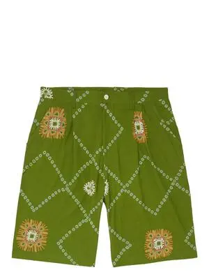 KARDO Straight-leg Embroidered Printed Pleated Cotton Shorts - Green