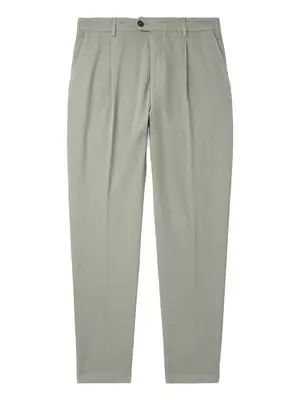 Eleventy Tapered Pleated Cotton And Lyocell-blend Twill Trousers - Gray