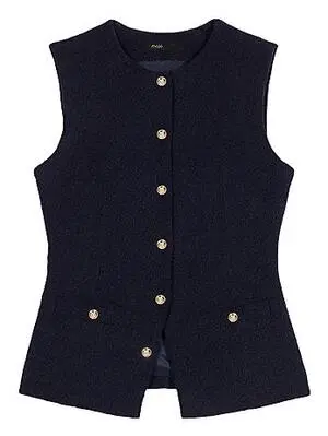 Maje Button-down Sleeveless Stretch-tweed Jacket - Navy
