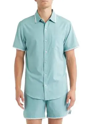 MAVRANS Crochet Trim Short Sleeve Performance Button-up Shirt - Blue