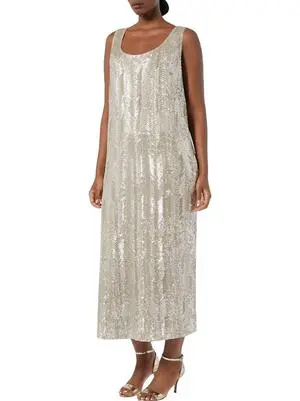 Marina Rinaldi Sequin Wave Shift Dress - Beige