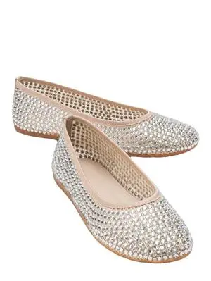 PROLOGUE SHOES Runway Mesh Embellished Ballet Flat - Beige Faux Leather