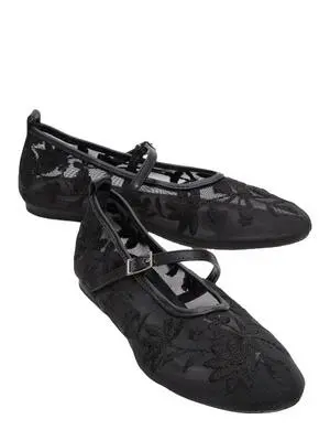 PROLOGUE SHOES Juny Mesh Embroidery Ballerina Flats - Black Faux Leather