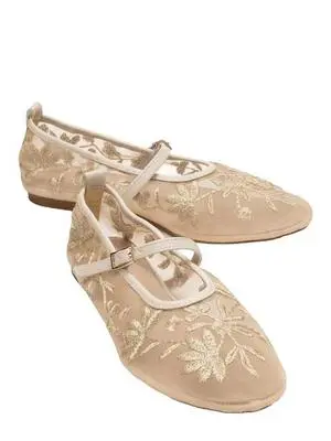 PROLOGUE SHOES Juny Mesh Embroidery Ballerina Flats - Light Beige Faux Leather