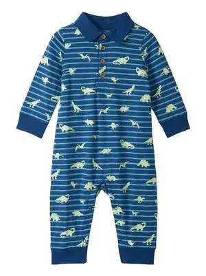 HATLEY Stripe Dinosaur Print Glow-in-the-dark Cotton Polo Romper - Navy