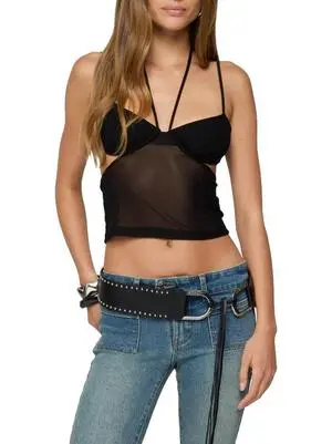 EDIKTED Sheer Mesh Strappy Crop Top - Black