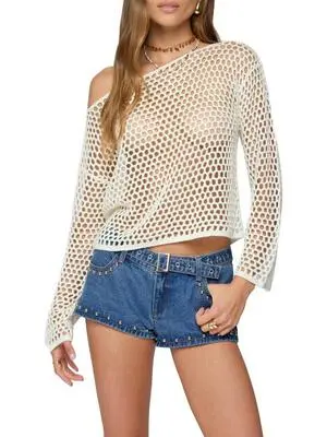 EDIKTED Kalley Off-the-shoulder Long Sleeve Mesh Top - Cream