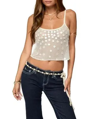 EDIKTED Onya Iridescent Sequin Crop Top - Cream