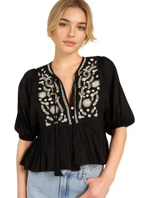 KNIT & LOUNGE Embroidered Peasant Blouse With Puff Sleeves - Black