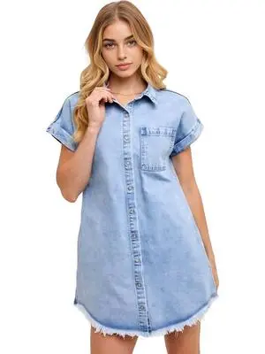 KNIT & LOUNGE Cap Sleeve Denim Shirt Dress - Light Blue Denim