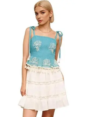 KNIT & LOUNGE Embroidered Smocked Peplum Tank Top - Blue