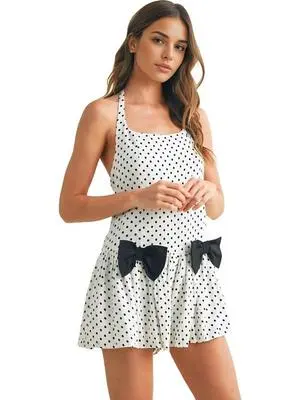 KNIT & LOUNGE Polka Dot Halter Babydoll Mini Dress - White With Black Polka Dots