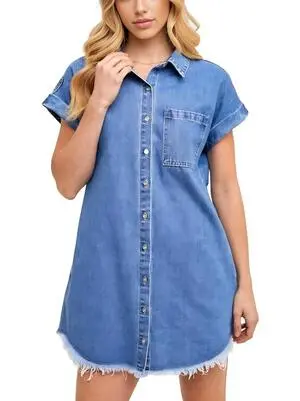 KNIT & LOUNGE Relaxed Fit Denim Shirt Dress - Denim Blue