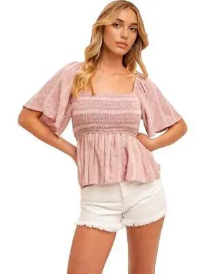 KNIT & LOUNGE Smocked Peplum Blouse With Flutter Sleeves - Pink