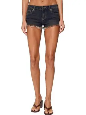 EDIKTED Frayed Cutoff Denim Micro Shorts - Blue-washed