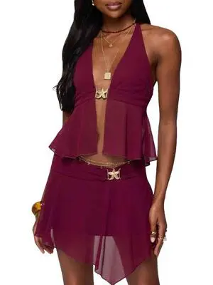 EDIKTED Split Front Halter Top - Burgundy