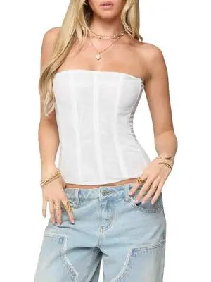 EDIKTED Reed Sheer Mesh Strapless Top - White