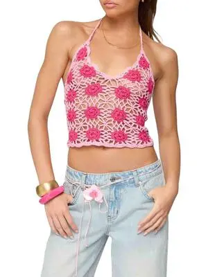 EDIKTED Floral Crochet Halter Top - Pink
