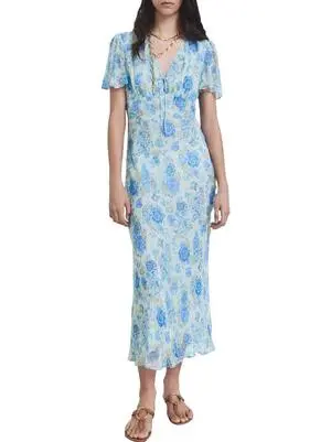Mango Floral Print Chiffon Midi Dress - Blue