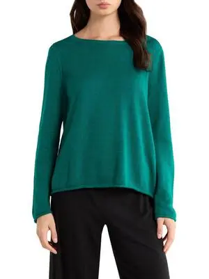 Eileen Fisher Bateau Neck Cotton Blend Sweater Rainforest