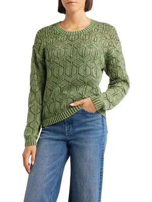 CITY BLUES Distressed Wash Openwork Sweater Olive