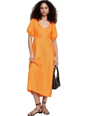 Banana Republic Viscose-linen Ruched Long Midi Dress - Clementine Orange