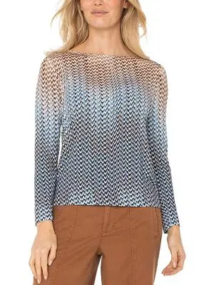 LIVERPOOL Boat Neck Long Sleeve Top - Blue Tan Multi