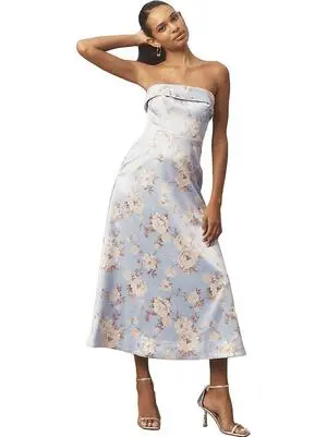 Bhldn Soma Strapless Stretch-satin Fit & Flare Midi Dress - Sky Bluepeonybouquet