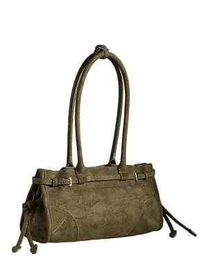Anthropologie Greer Structured Faux-Suede Shoulder Bag Olive