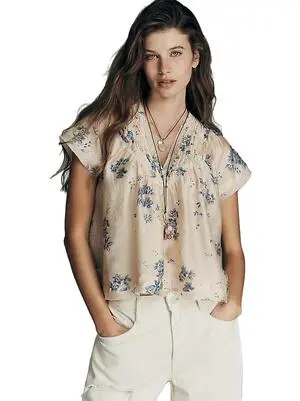 Anthropologie Smocked Yoke Blouse - Ivory &  Blue Floral
