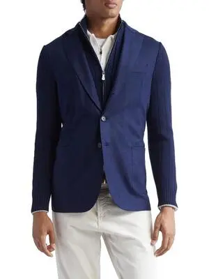 Eleventy Mixed Media Wool Blazer With Removable Bib - Navy Blue