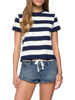 EDIKTED Striped Stretch Cotton T-shirt - Navy-and-white
